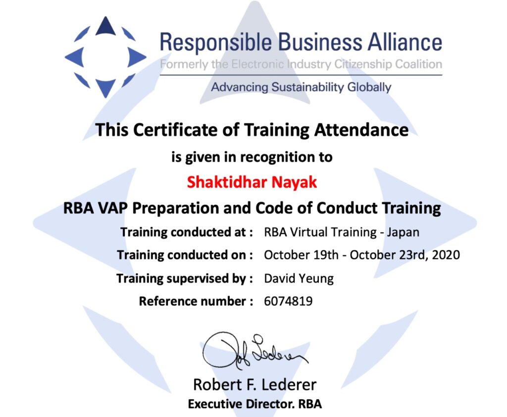 RBA RESPONSIBLE BUSINESS ALLIANCE CERTIFICATION